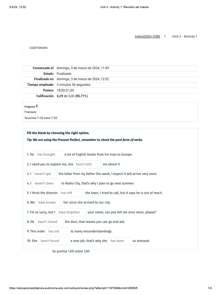 Unit 3 - Activity 1 - Revisión Del Intento | Download Free PDF | Linguistic Morphology | Grammar