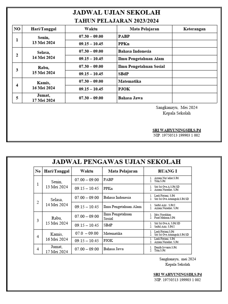 Jadwal Ujian Sekolah | PDF