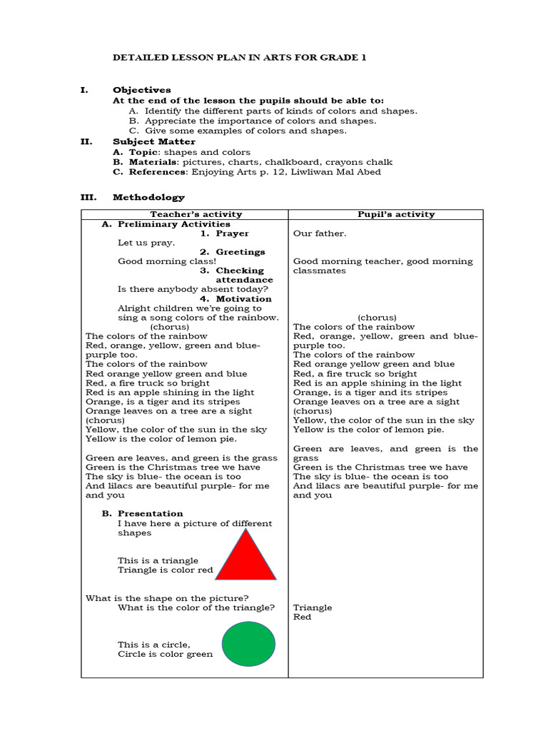 Grade 1 Arts Lesson: Colors & Shapes | PDF | Color | Green