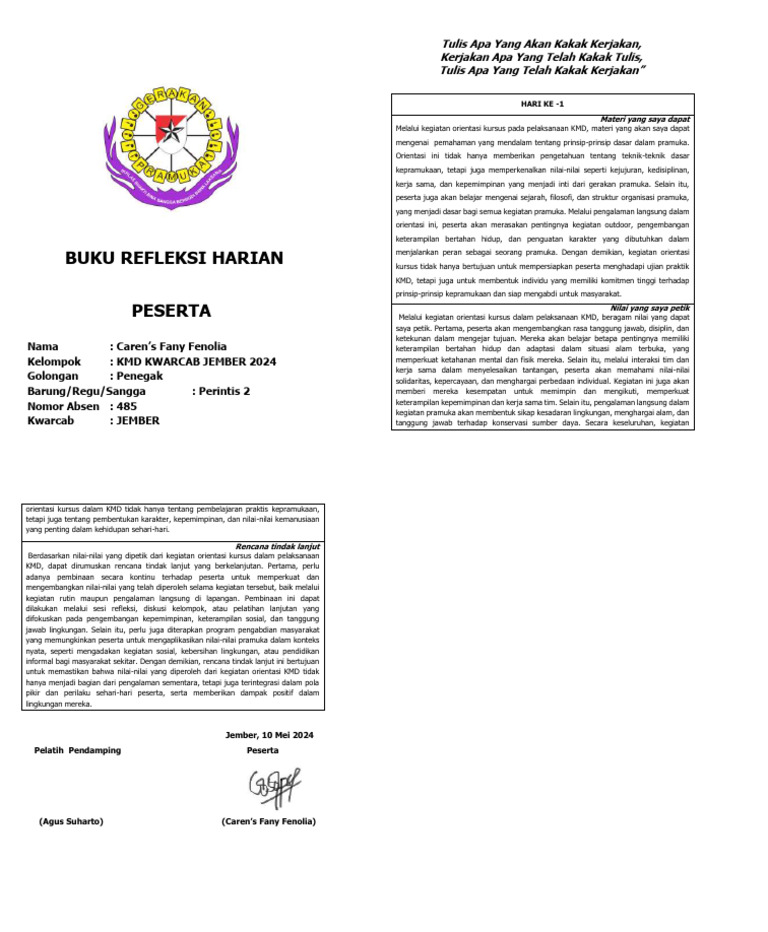 Perintis 2 - 485 - Caren's Fany Fenolia - REFLEKSI HARIAN Ke-1 KMD 2024 | PDF