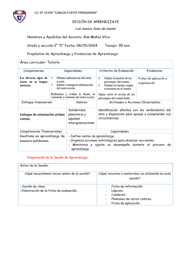 SESION - TUTORIA - Manos Feas | PDF | Aprendizaje | Evaluación