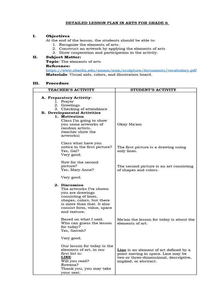 Detailed Lesson Plan in Arts 6 | PDF | Shape | Color