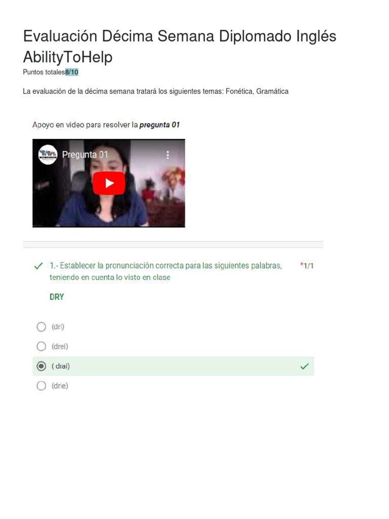 Evaluación Décima Semana Diplomado Inglés AbilityToHelp | PDF