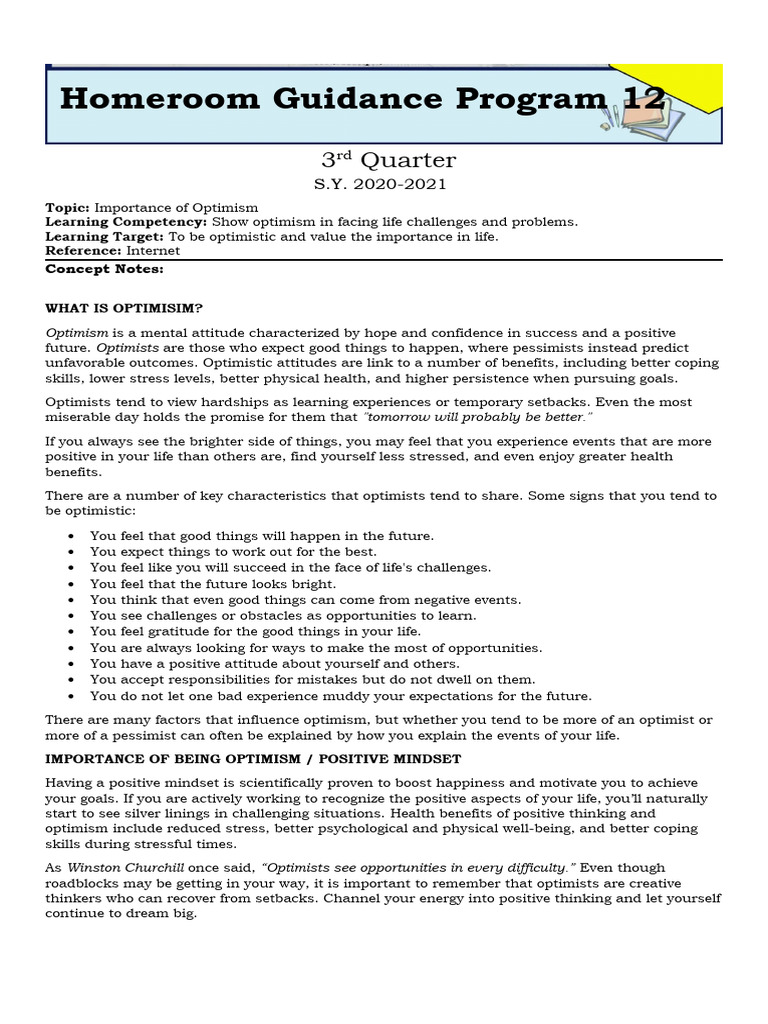 Homeroom Guidance Program 12: 3 Quarter | PDF | Optimism | Applied Psychology