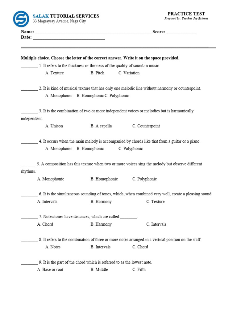 Music Texture Practice Test | PDF | Chord (Music) | Harmony