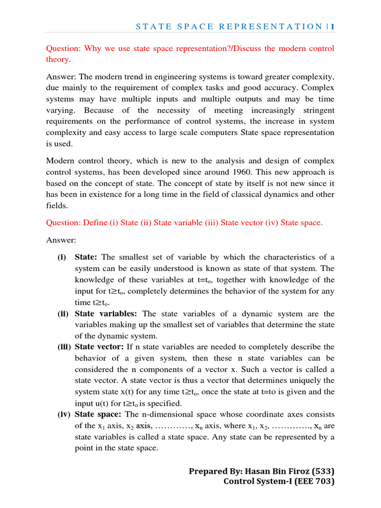 State Space Representation Pdf System Vector Space