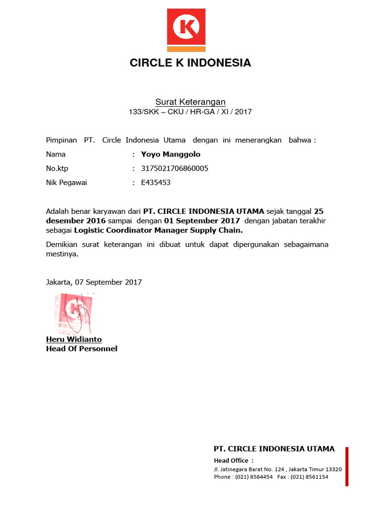 Surat Keterangan Karyawan Circle K | PDF