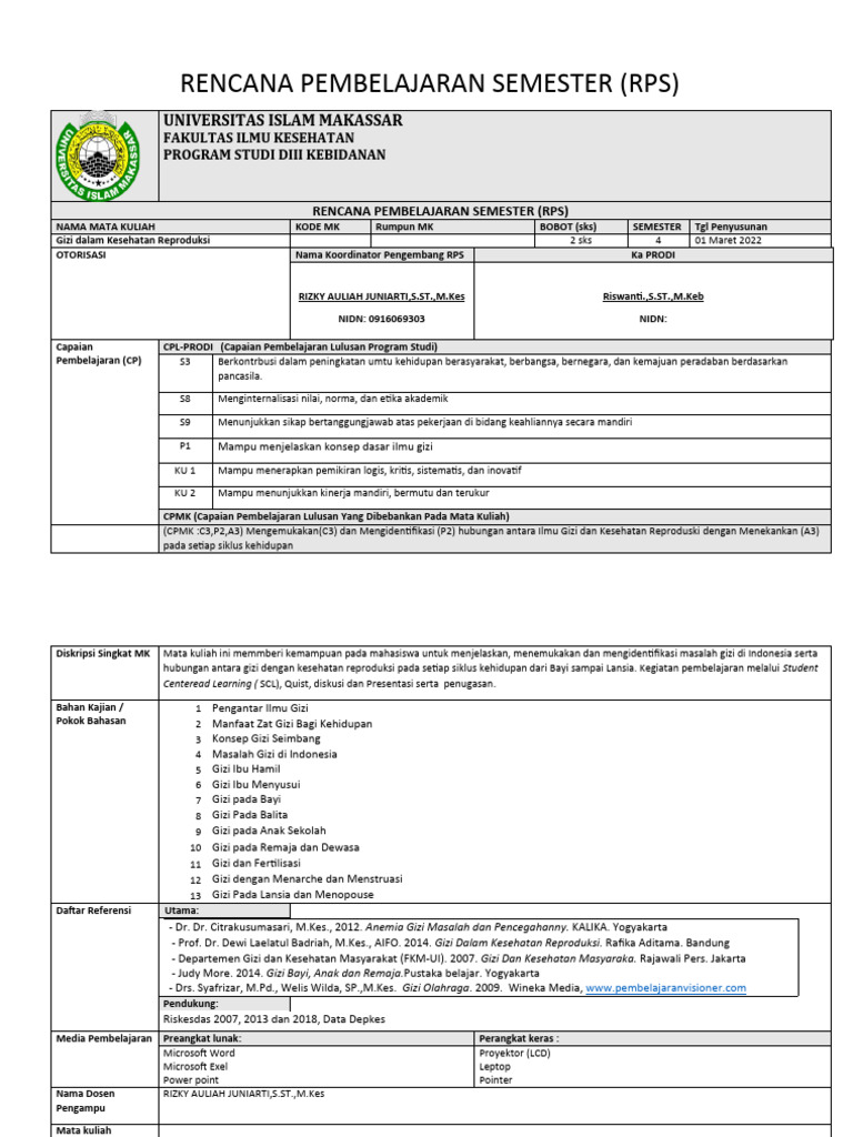 RPS Gizi Dalam Kespro | PDF