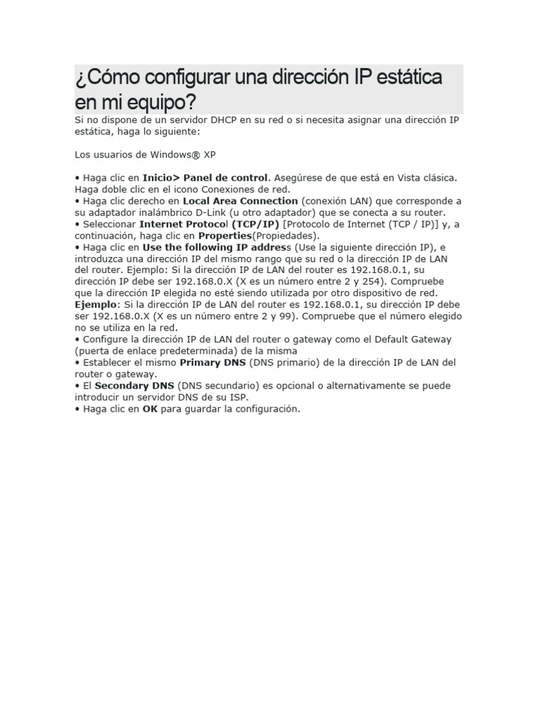 Cómo Configurar Una Dirección IP Estática en Mi Equipo | PDF ...