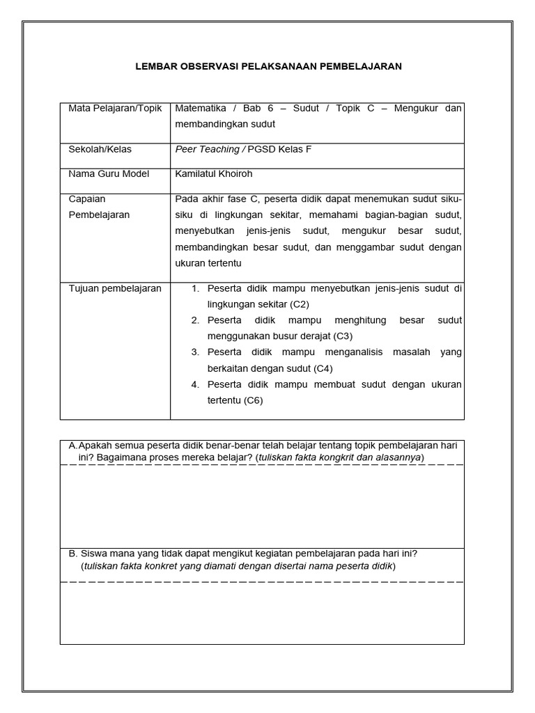 Lampiran 5. LK 4 Format Lembar Observasi Pelaksanaan Pembelajaran Untuk Observer | PDF | Seni