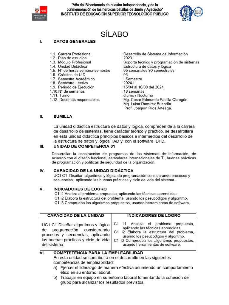 Silabo Estructura De Datos Y Lógica Pdf Software Algoritmos