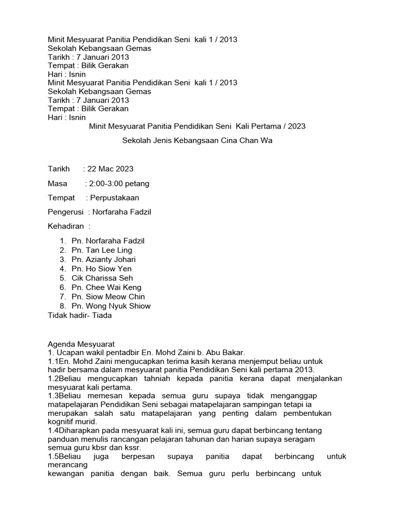 Minit Mesyuarat Panitia Pendidikan Seni Kali 1 | PDF