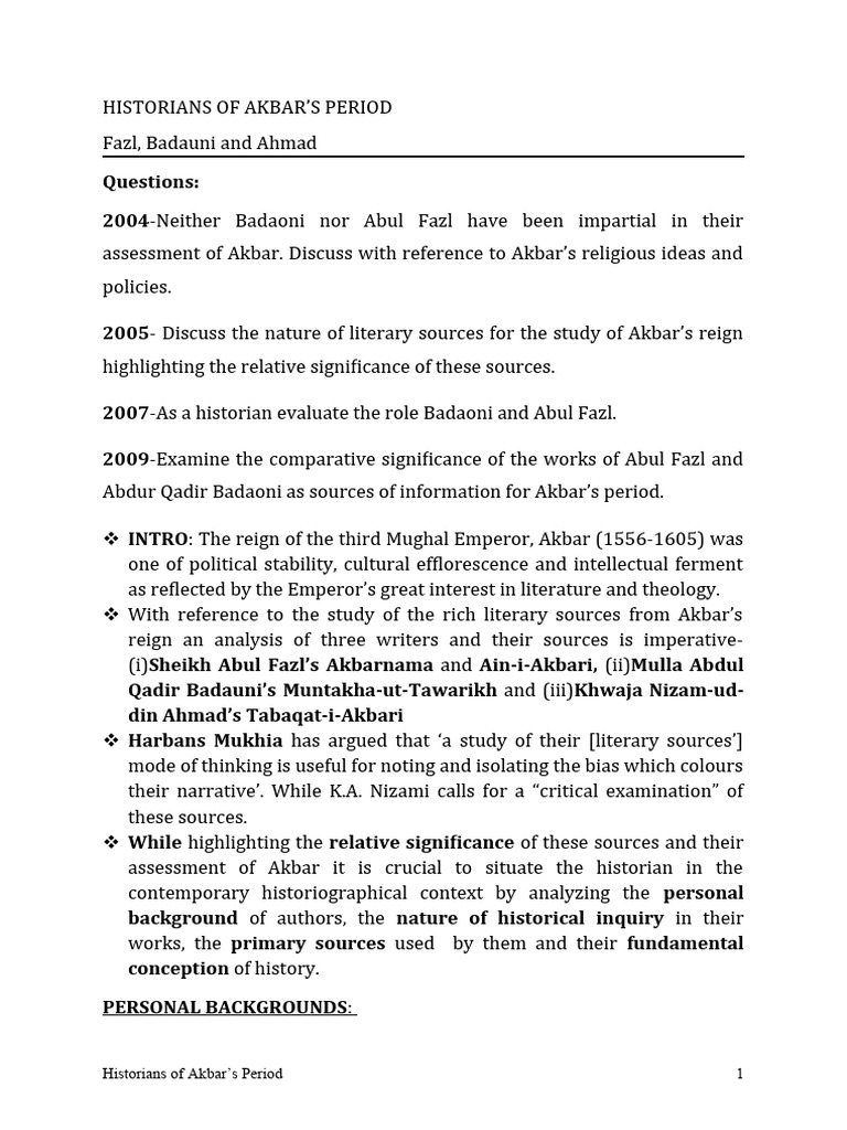 Historians and Sources of Akbar's Reign | PDF