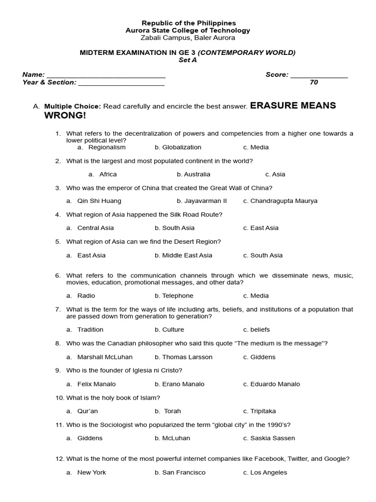 GE 3 Midterm Exam: Contemporary World | PDF | Radio | Telephone