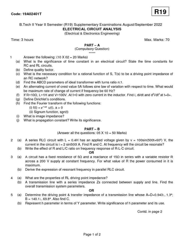 19A02401T Electrical Circuit Analysis | Download Free PDF | Electrical Impedance | Electrical ...