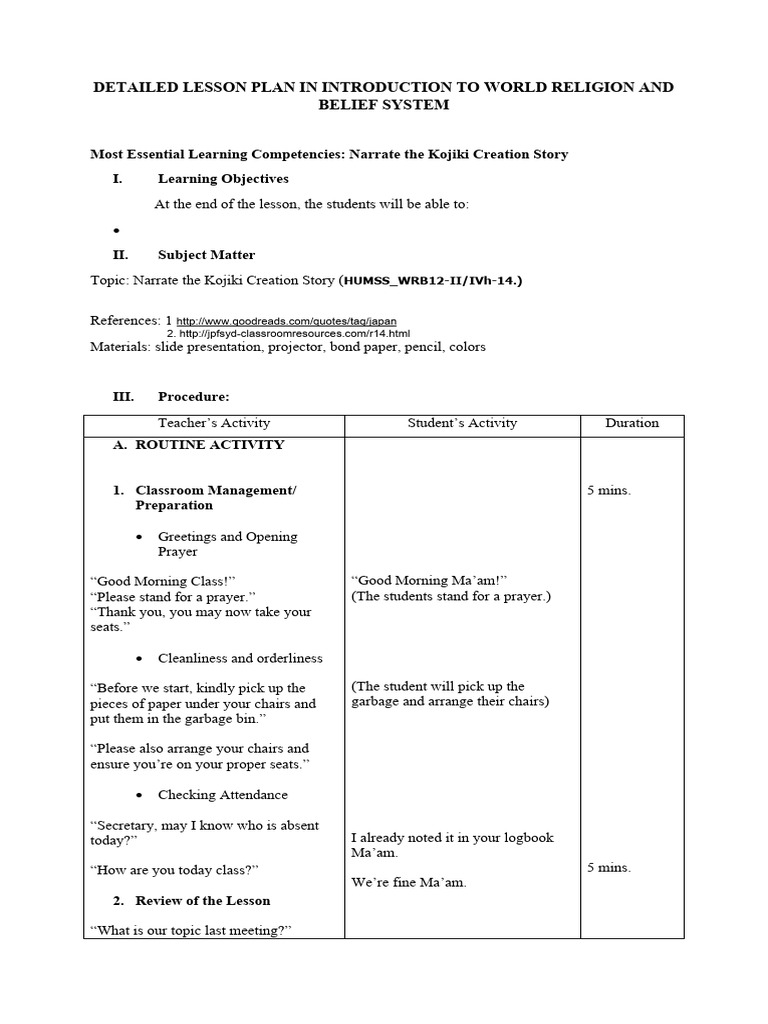DETAILED LESSON PLAN IN Kojiki | PDF | Rubric (Academic) | Lesson Plan