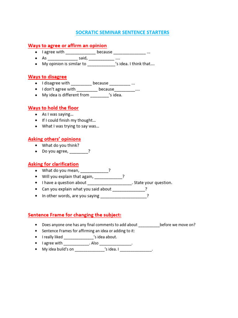 MLS 5 Sentence Starters For Socratic Seminar Sentence Frames | PDF ...