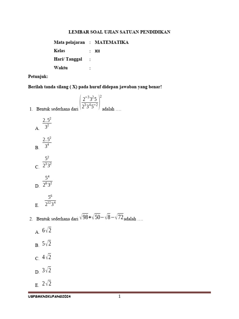 Naskah Soal Matematika (Utama) | PDF
