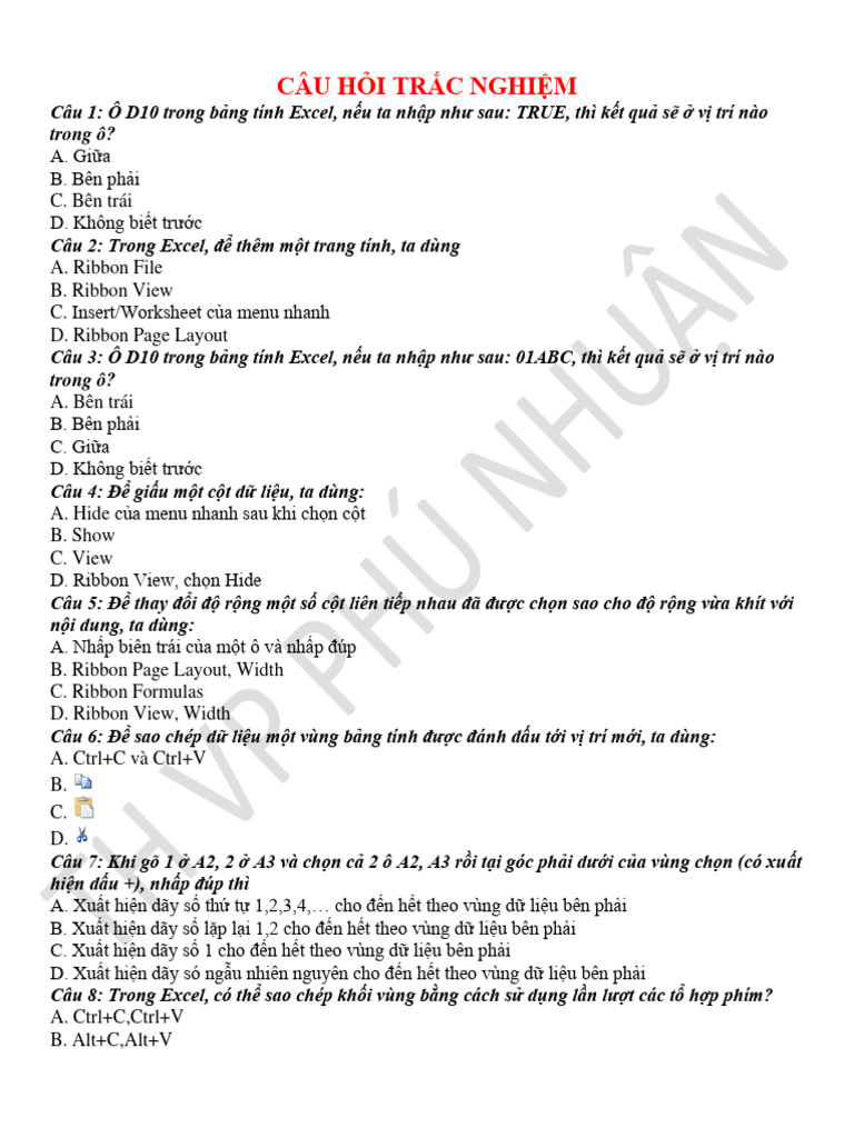 Cau Hoi Trac Nghiem Tin Hoc Van Phong 196202112 | PDF