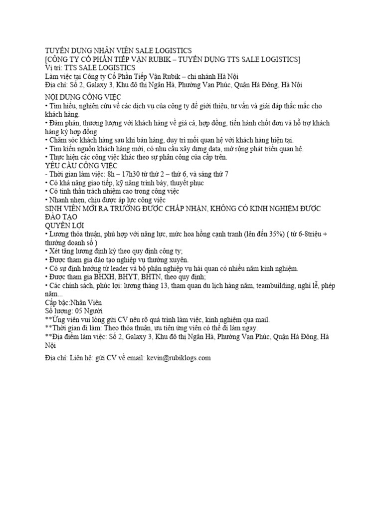 TUYỂN DỤNG NHÂN VIÊN SALE LOGISTICS RUBIK 2 | PDF