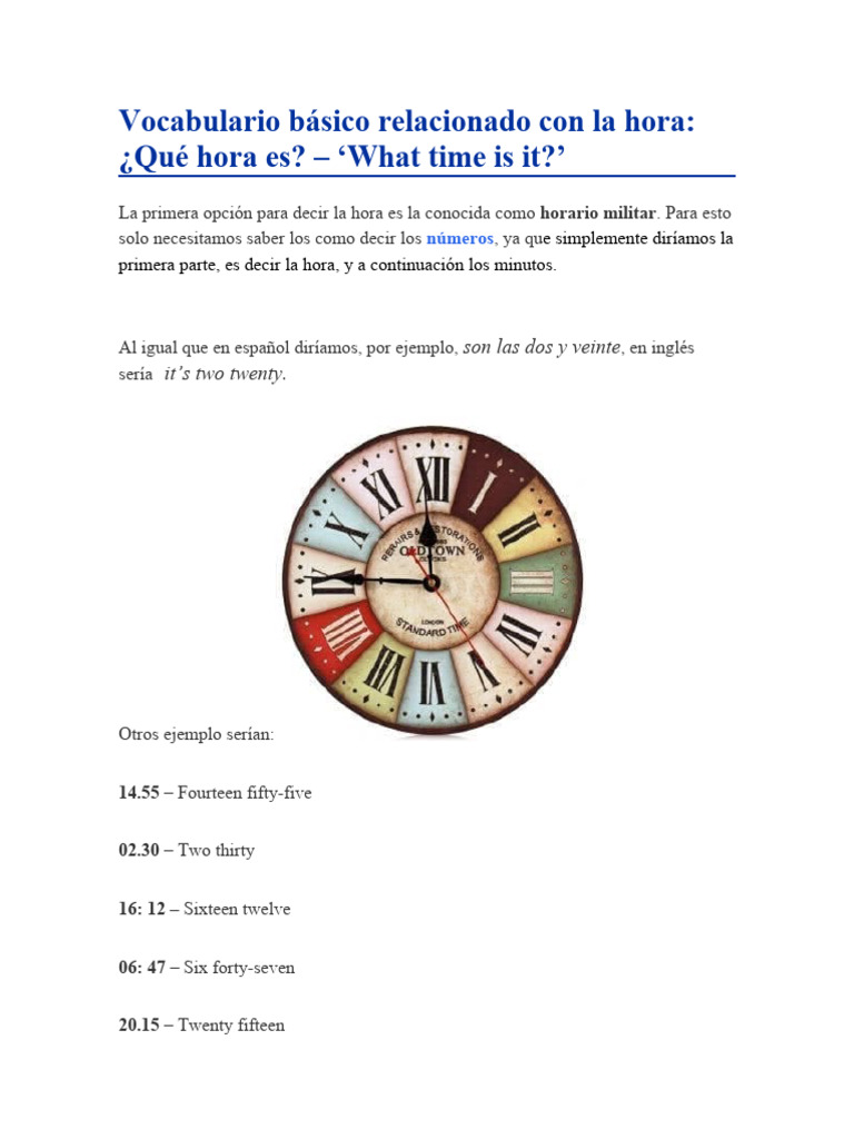 Vocabulario Básico Relacionado Con La Hora Ingles | PDF | Artes del ...