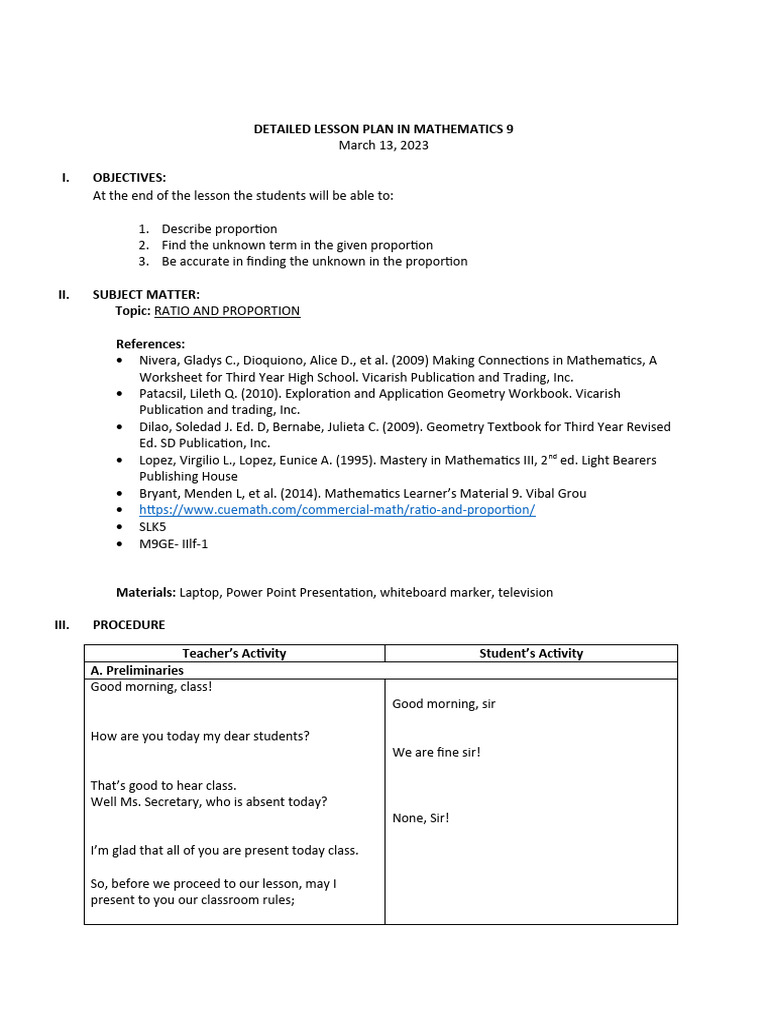 Detailed Lesson Plan in Ratio and Proportion Week 5 Day 1 | PDF | Ratio ...