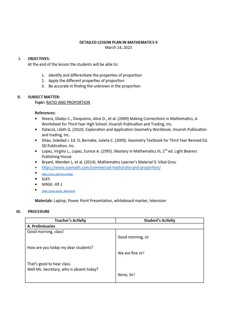 Lesson Plan in Properties of Proportion Week 5 Day 2 | PDF | Ratio ...