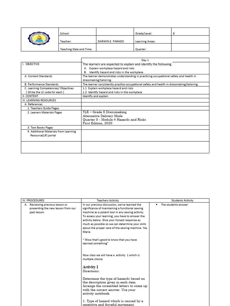 The Learners Are Expected To Explain and Identify The Following | PDF | Hazards | Personal ...
