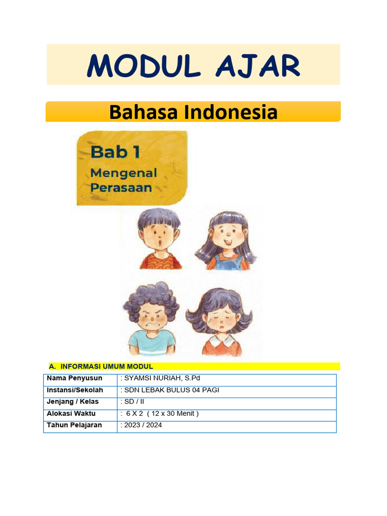 MODUL AJAR BINDO Bab 1 Mengenal Perasaan syamsi | PDF