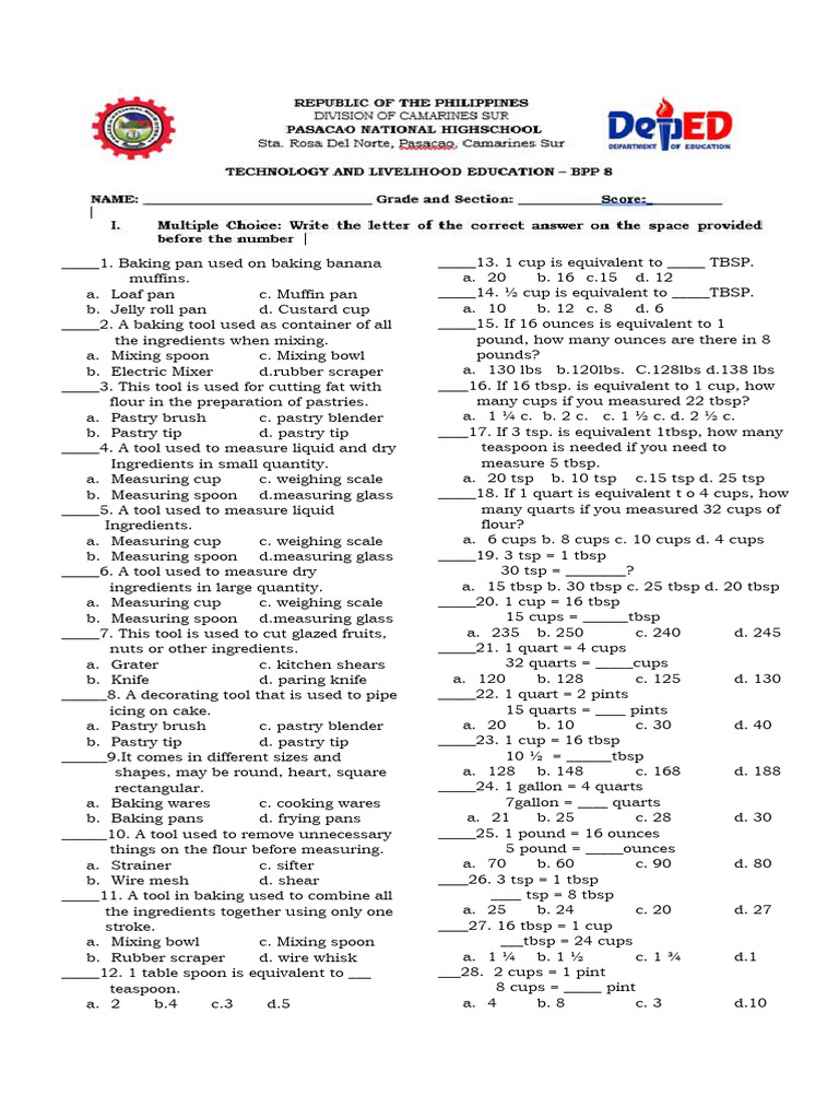 grade 8 exam-1 | PDF | Tablespoon | Teaspoon