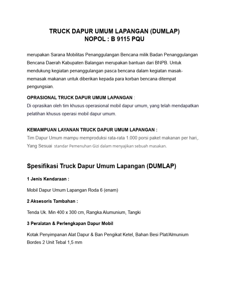 Truck Dapur Umum Balangan | PDF