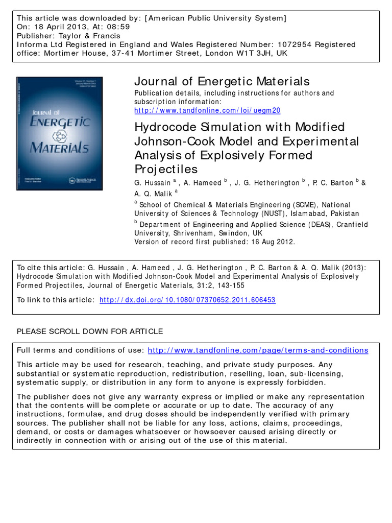 Hydrocode Simulation With Modified 2013 | PDF
