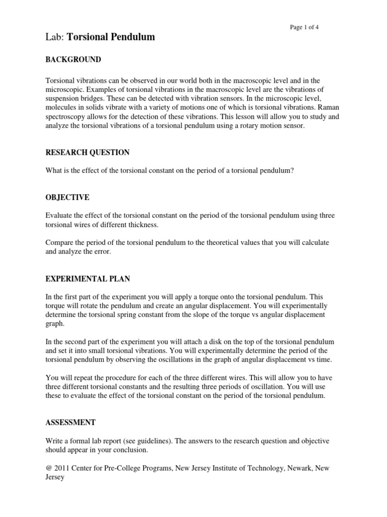 RET 2011 - Torsional Pendulum Lesson - Lab | PDF | Rotation Around A ...