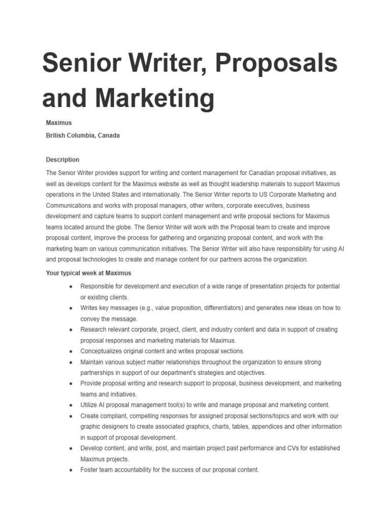 Senior Writer, Proposals and Marketing | PDF | Marketing | Communication