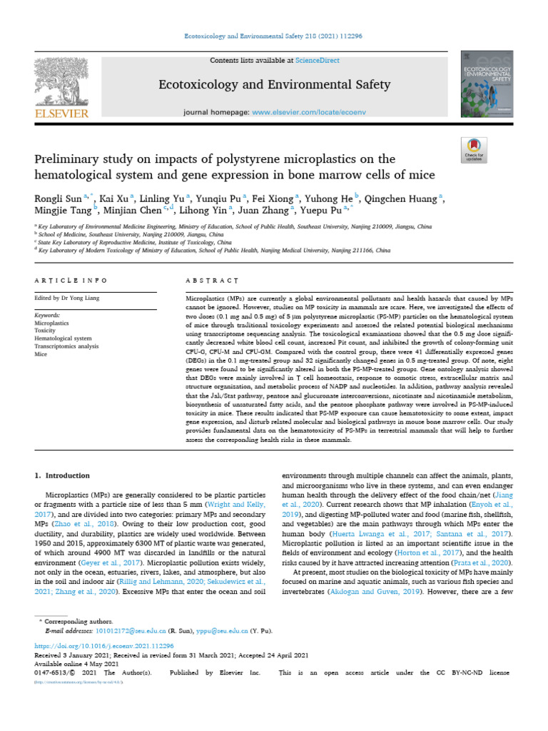 Preliminary Study On Impacts of Polystyrene Microplastics On The Hematological System and Gene ...