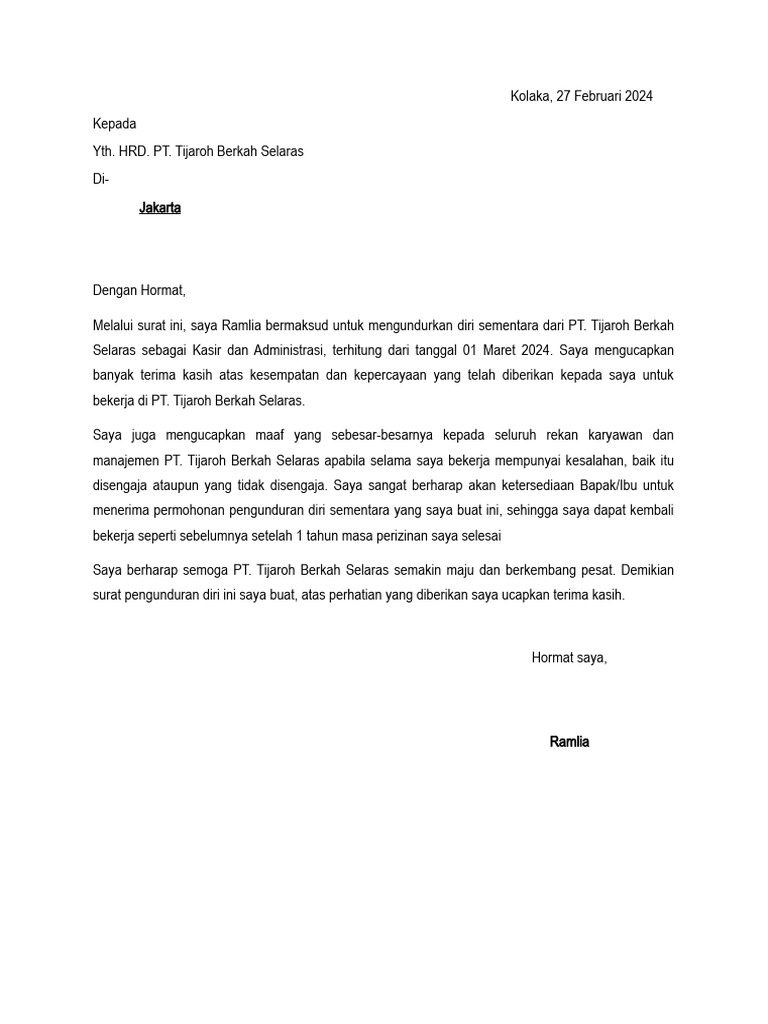 Surat Pengunduran Diri Sementara Ramlia | PDF