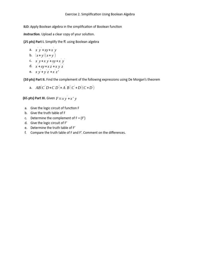 Exercise 2. Boolean Algebra | PDF