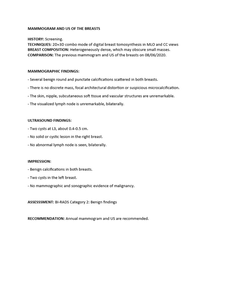Mammogram & Ultrasound Findings Summary | PDF