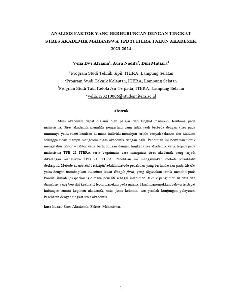 Analisis Faktor Yang Berhubungan Dengan Tingkat Stres Oleh Mahasiswa TPB 21 Itera | PDF | Karier ...