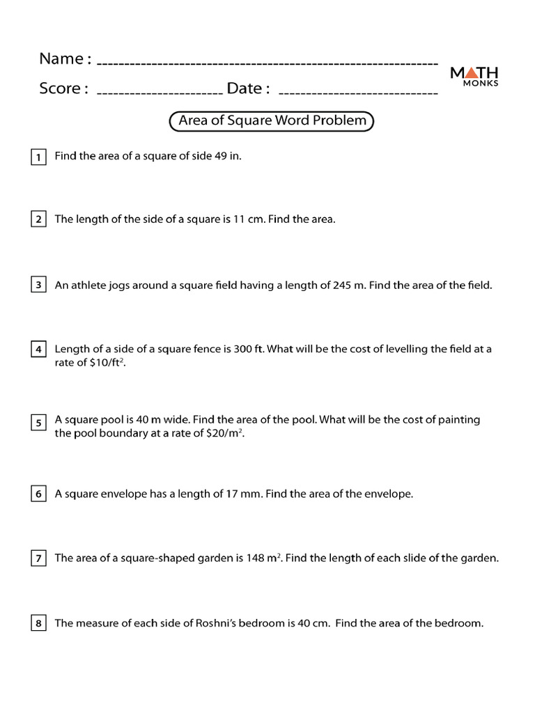Area of A Square Word Problems Worksheets | PDF