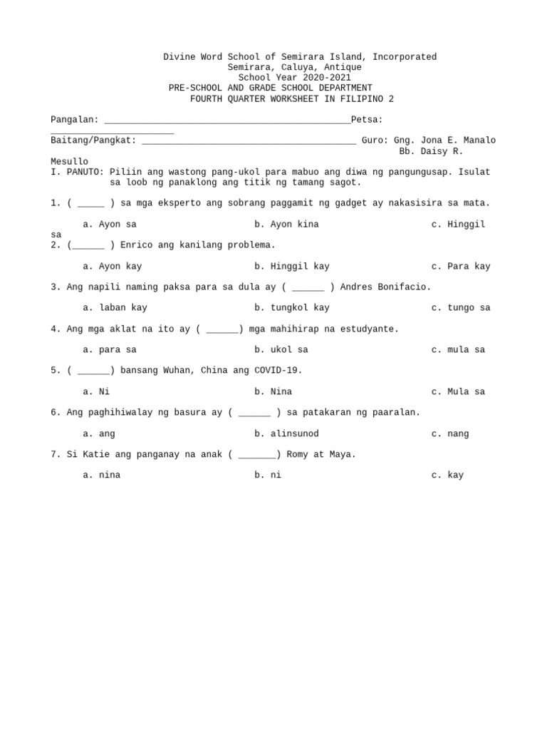 4th Quarter Assessment in Fil 2 2 | PDF