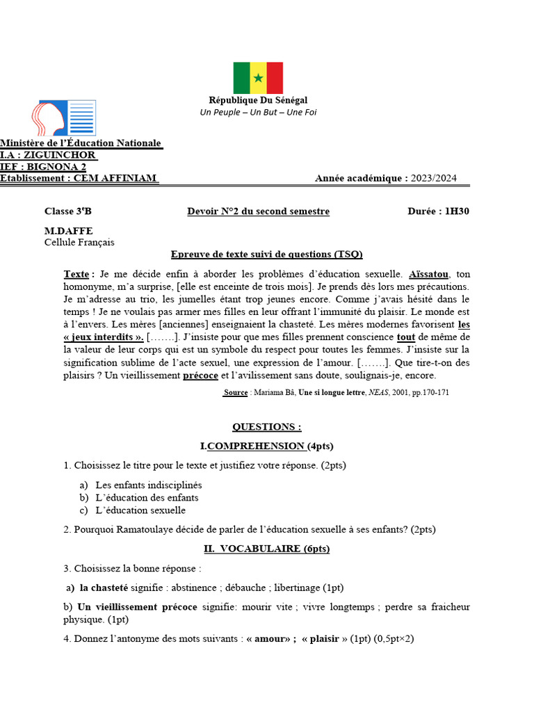 Devoir 2nd Semestre 3e A Et B - 024726 | PDF | Phrase | Verbe