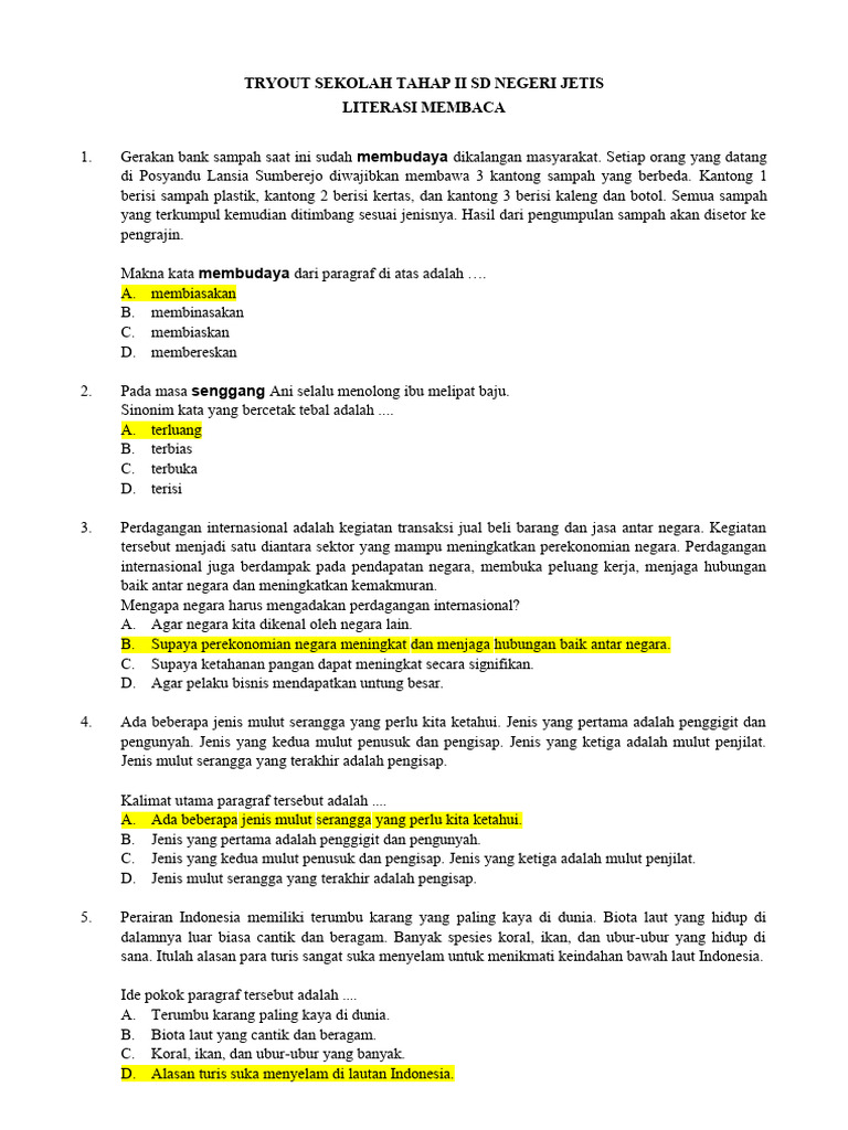 Tryout Sekolah Tahap Ii Literasi Membaca | PDF