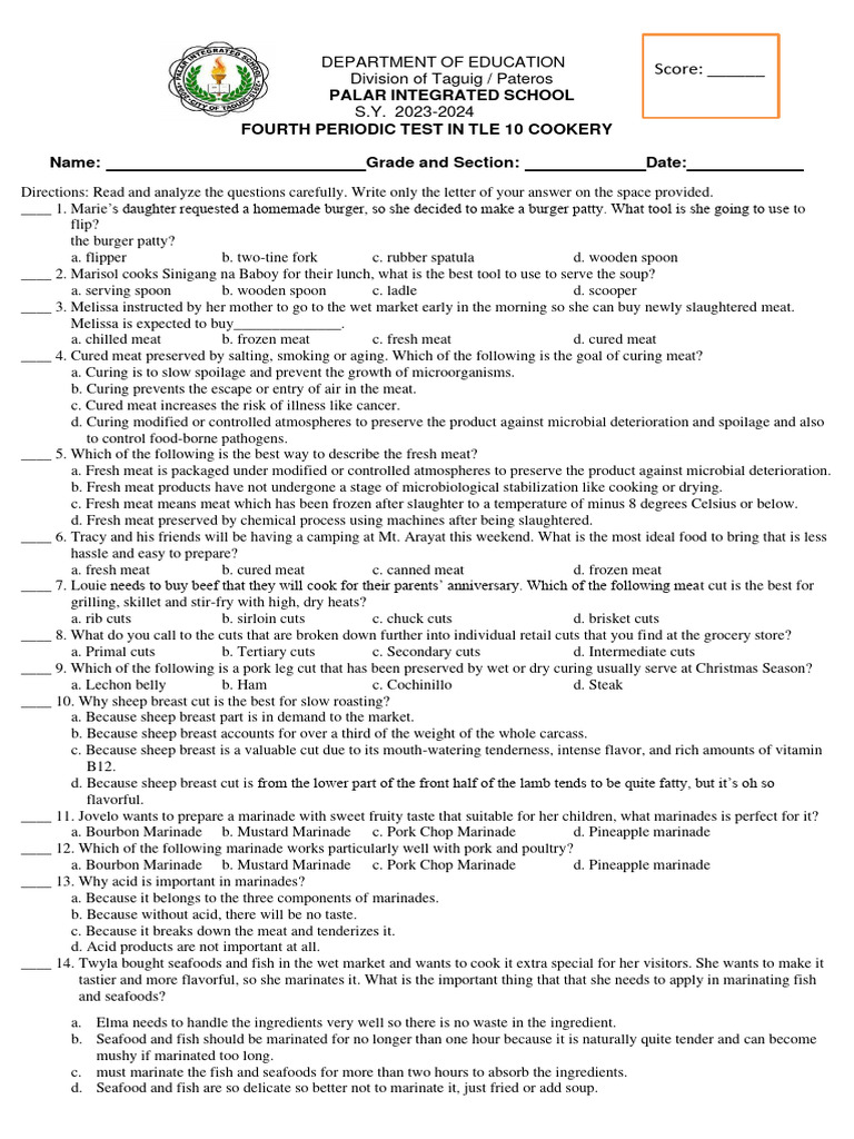 Q4-Tle 10 Cookery-4th Periodic Test | PDF | Cooking | Marination