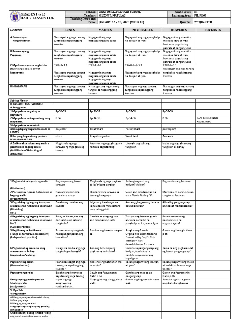 DLL Filipino 3 q1 w9 | PDF