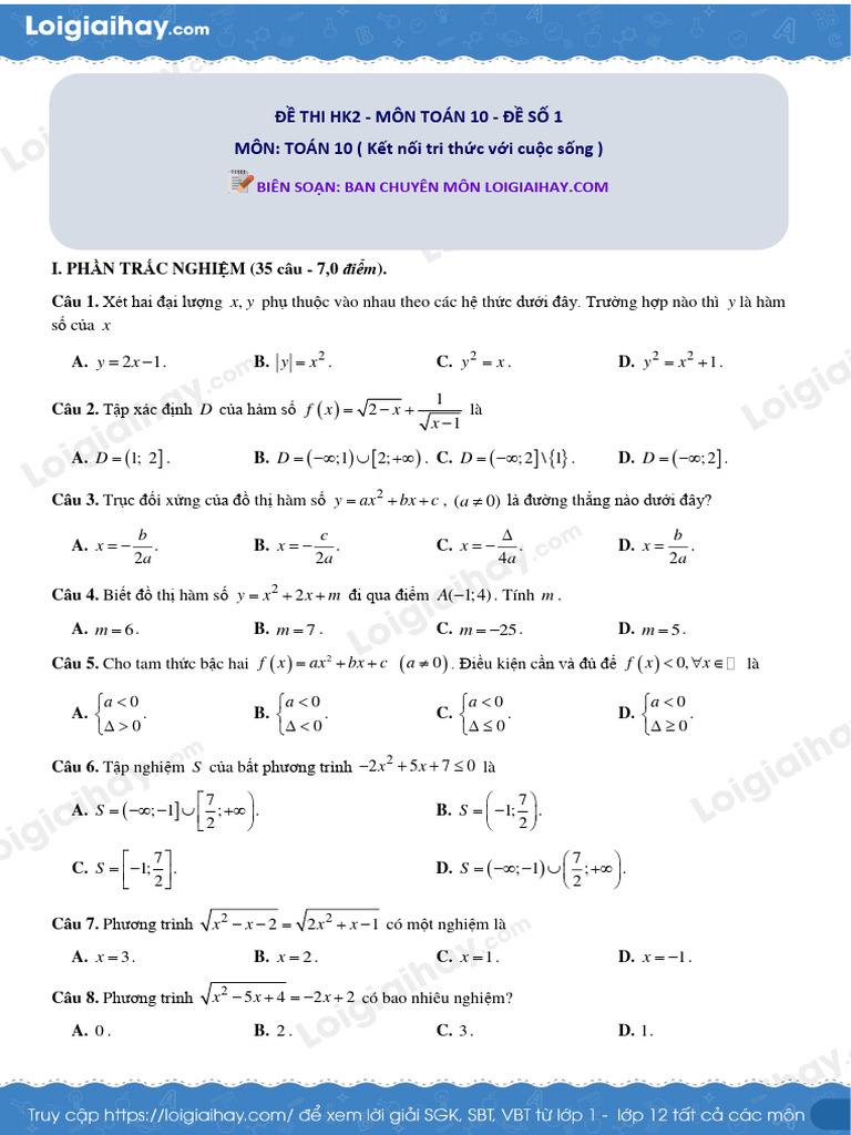 De Kiem Tra Hoc Ki 2 Toan 10 de So 1 Ket Noi Tri Thuc 1679476691 | PDF