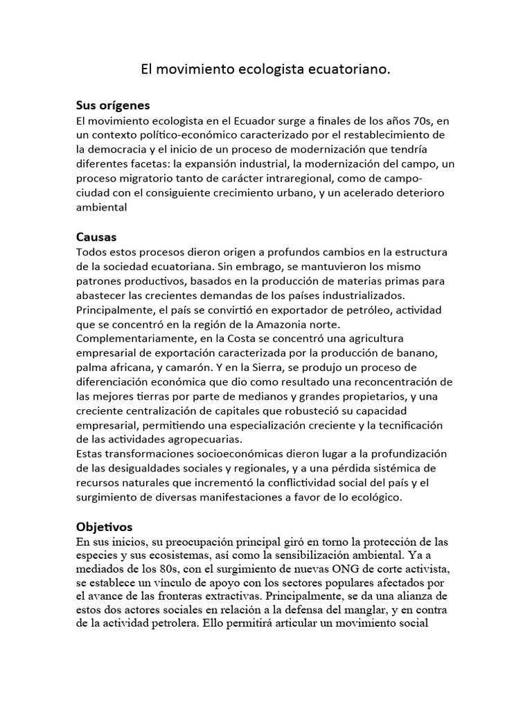Movimiento Ecologista en Ecuador: Orígenes y Objetivos | PDF ...