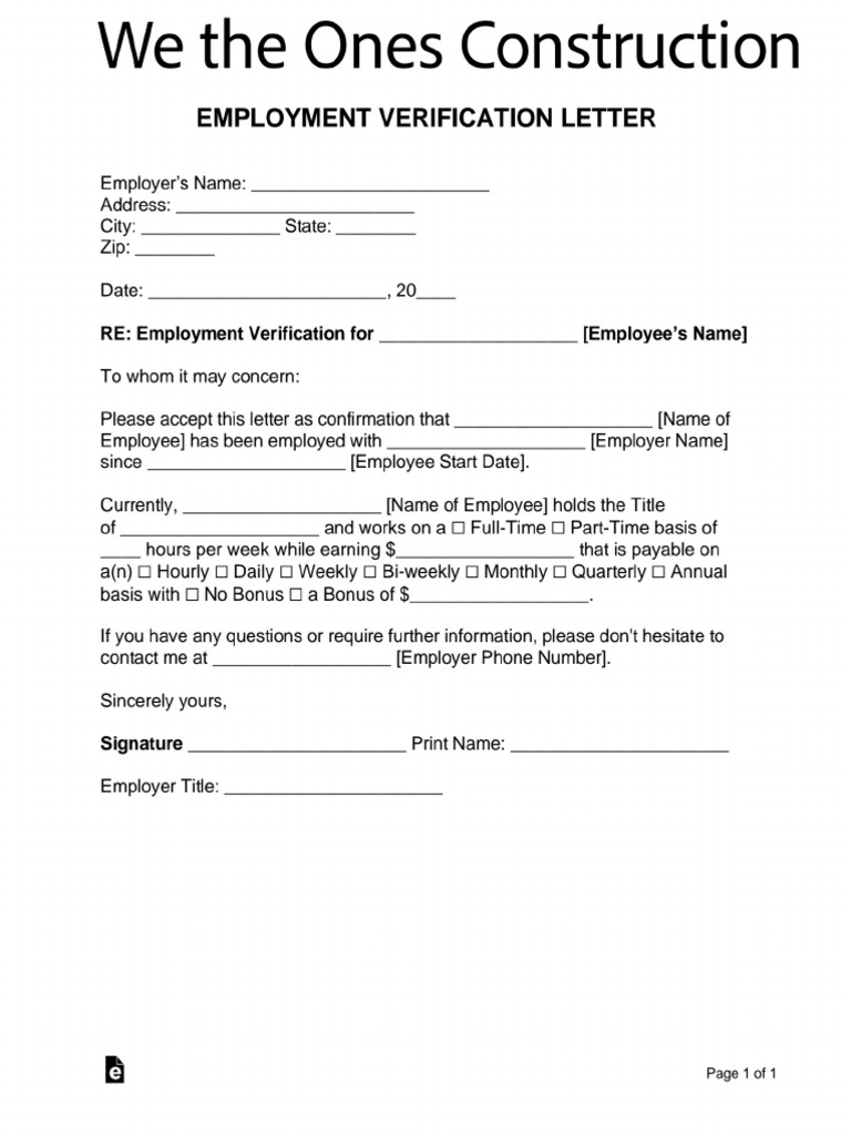 We The Ones Construction Employment Verification | PDF