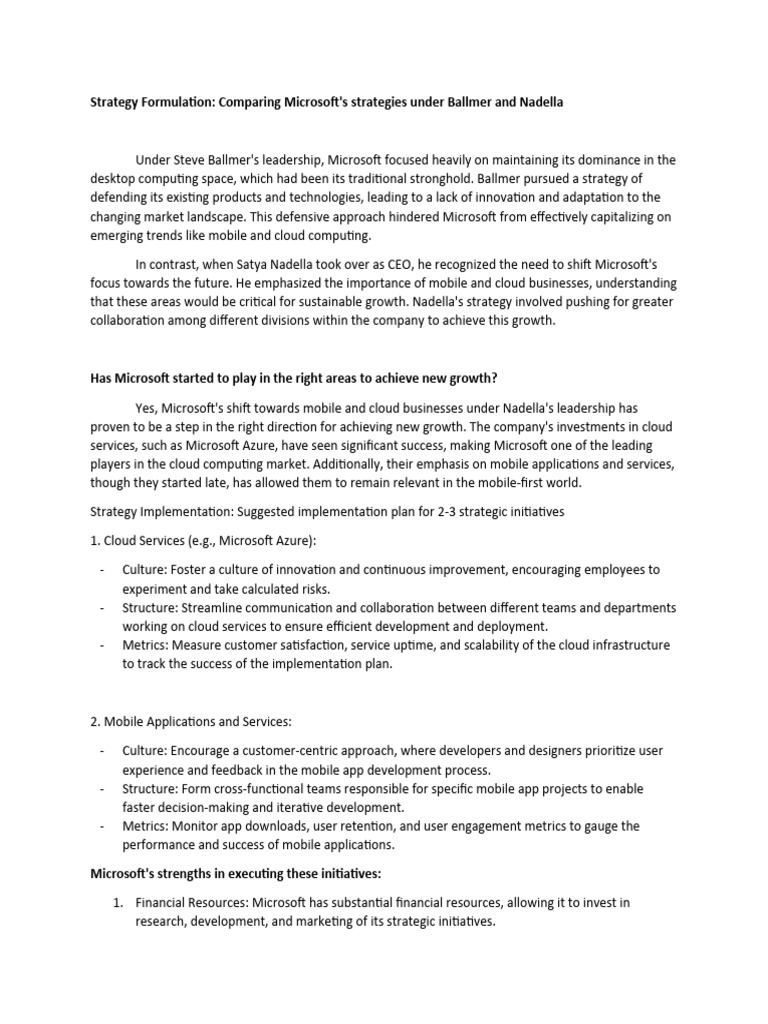 Strategy Formulation Comparing Microsoft's Strategies Under Ballmer and Nadella | PDF ...