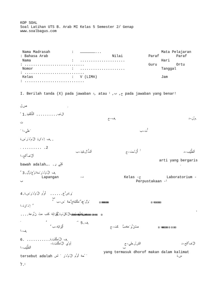 Soal Latihan UTS B Arab Kelas 5 SDIT MI Semester 2 Genap | PDF